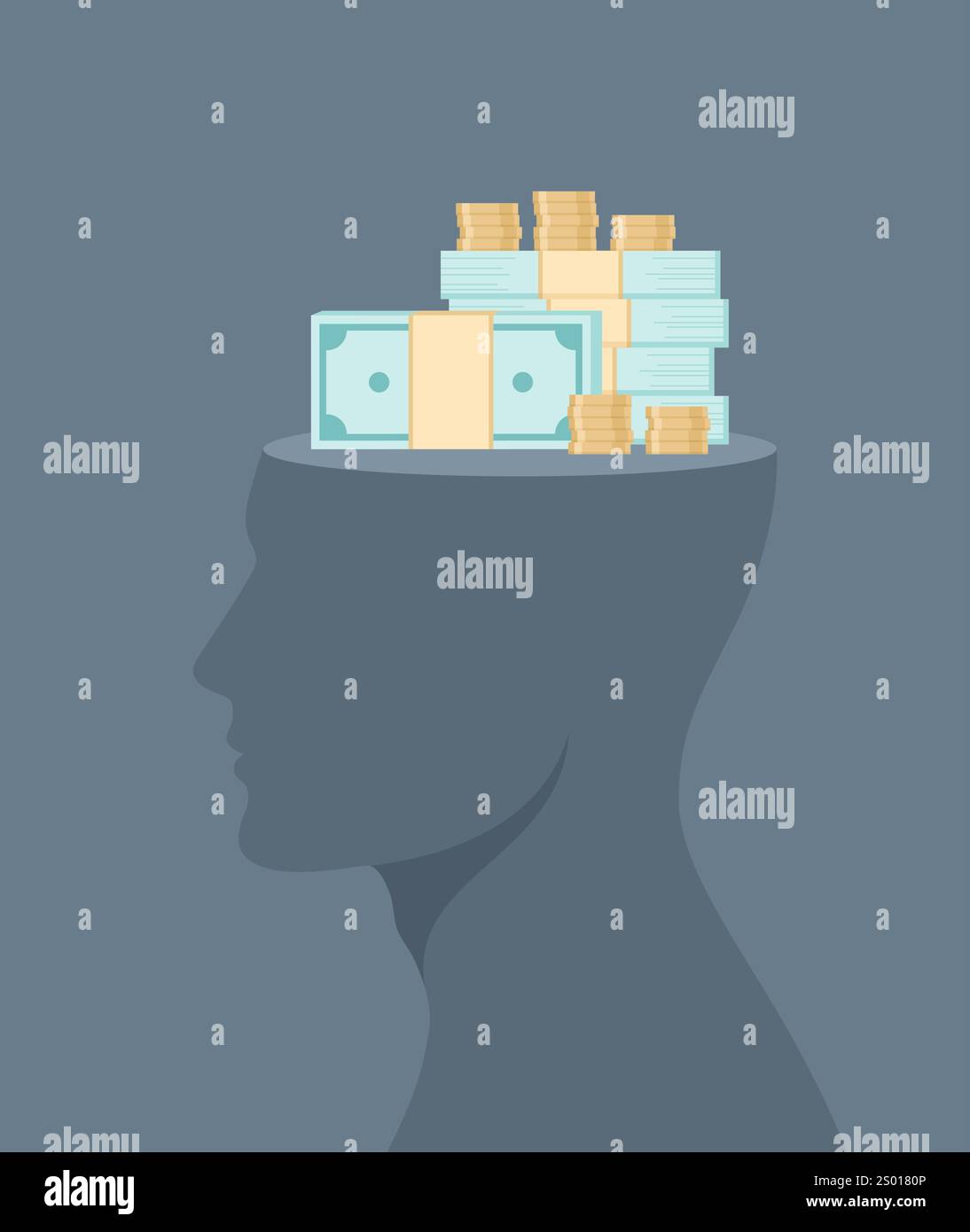 Gray side view male silhouette with stacks of money in his head, flat ...
