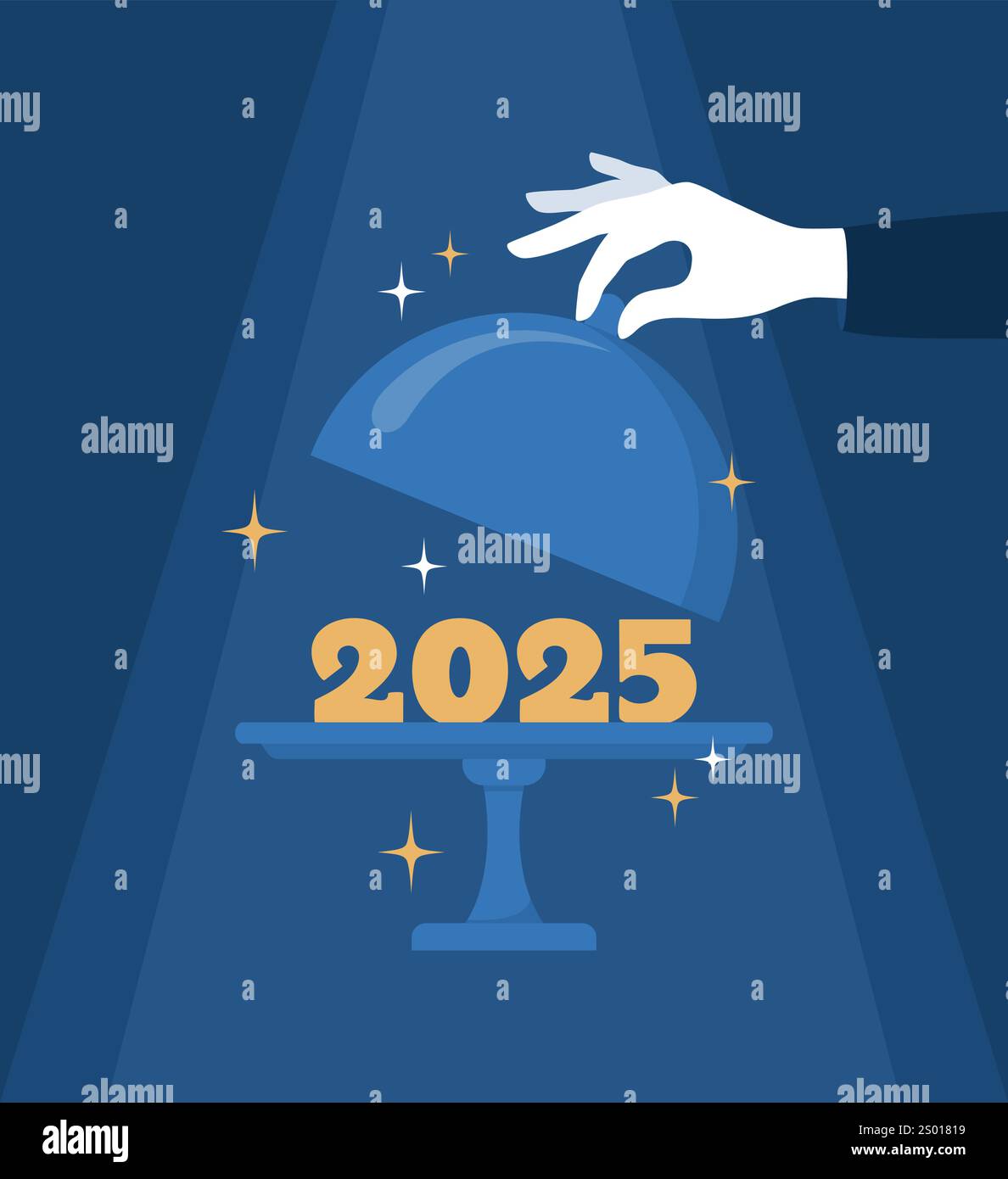 Waiter's hand opening the cloche lid, revealing the golden number 2025 ...