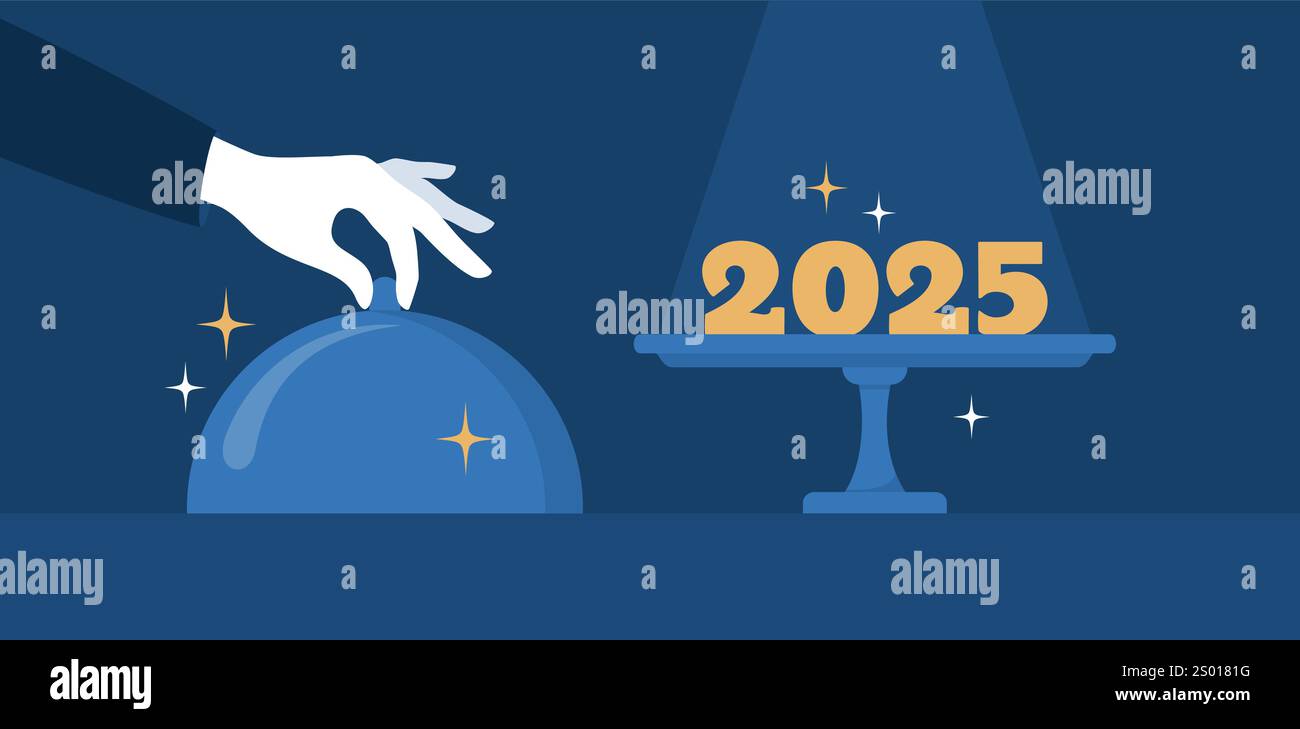 Waiter's hand opening the cloche lid, revealing the golden number 2025 ...