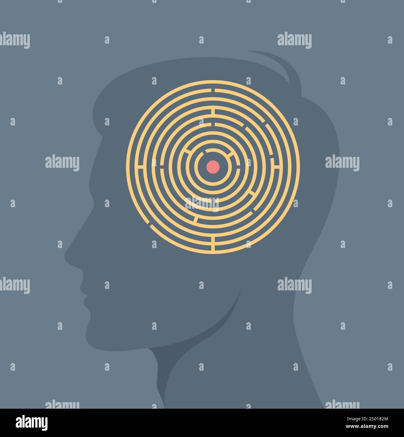 Male profile silhouette with round yellow maze inside his head, flat ...