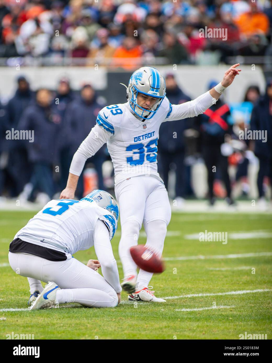 Detroit Lions Jake Bates (39) kicks the ball during an NFL football ...