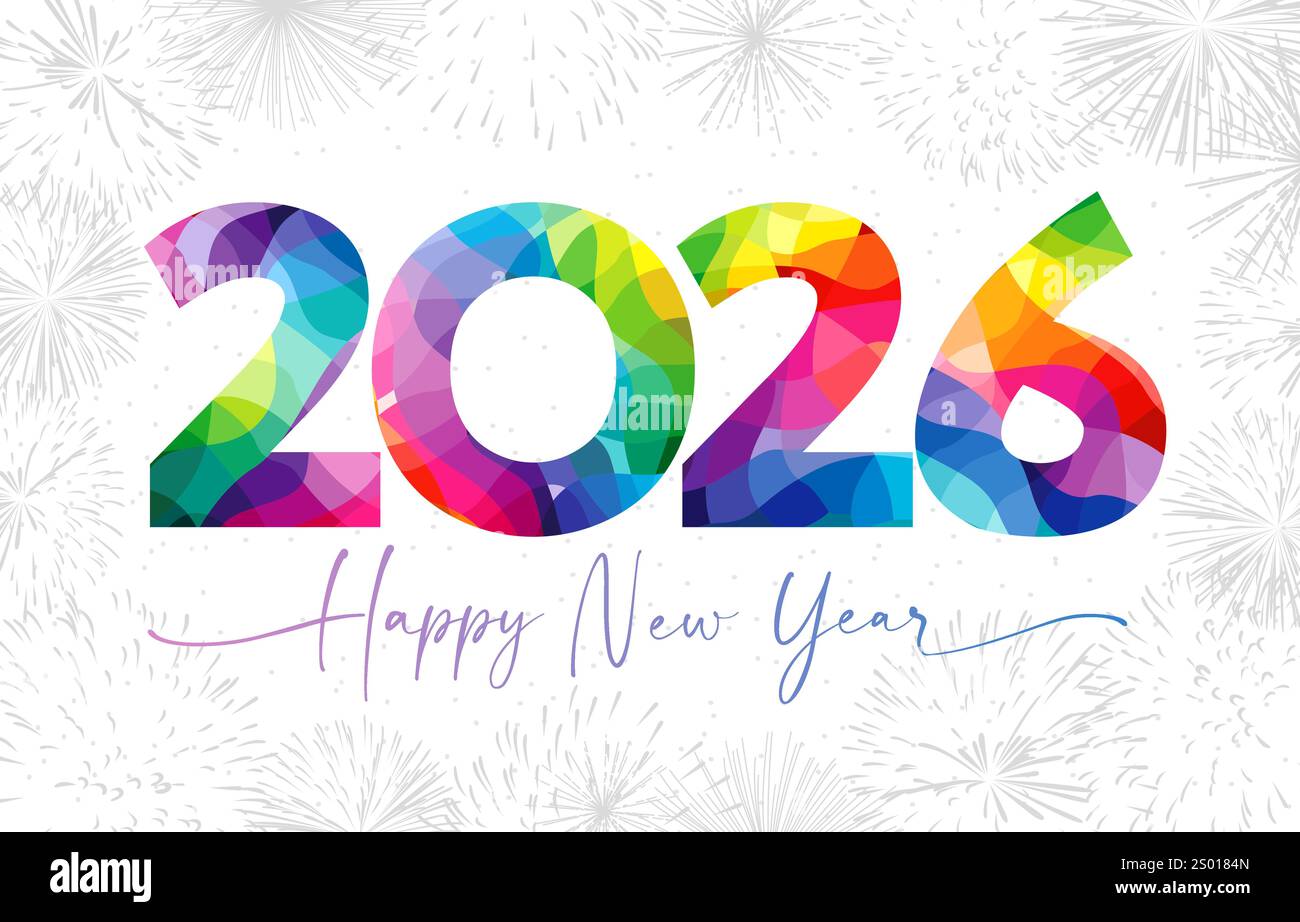 Happy New Year 2026 cute greeting card with stained-glass style bright number 2 0 2 6, beautiful ...