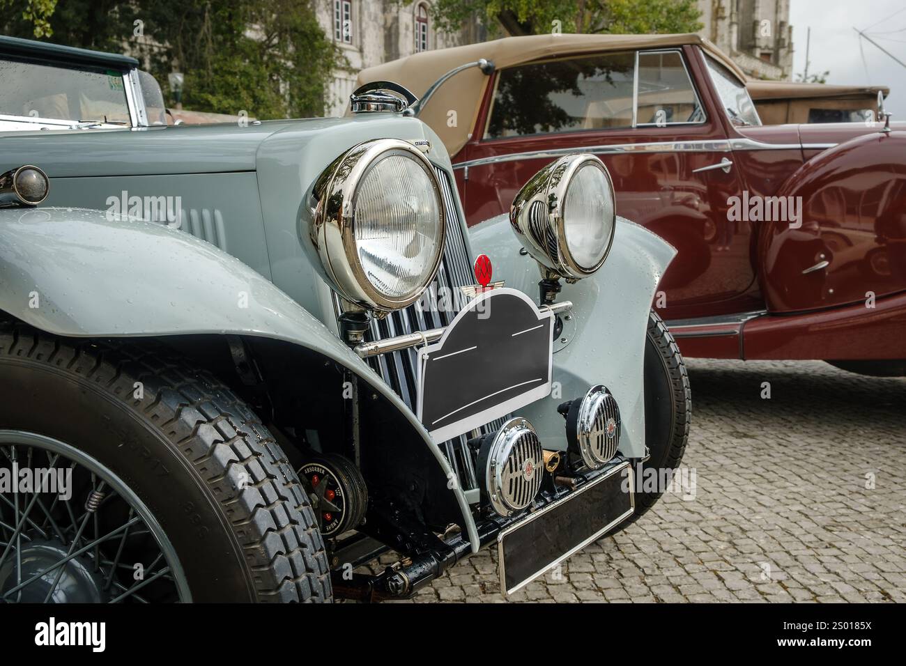 Lisbon, Portugal - Oct 15, 2023: Elegant front part of grey Aston ...
