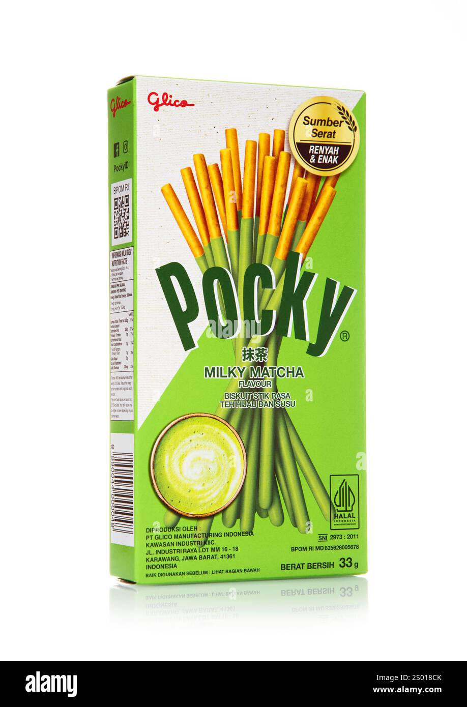 LONDON, UK - DECEMBER 27, 2024: Pocky original biscuit sticks coated with milky matcha on white ...
