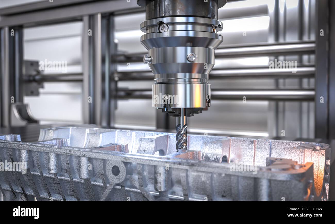 Metal cnc milling machine making car engine part 3d Stock Photo - Alamy