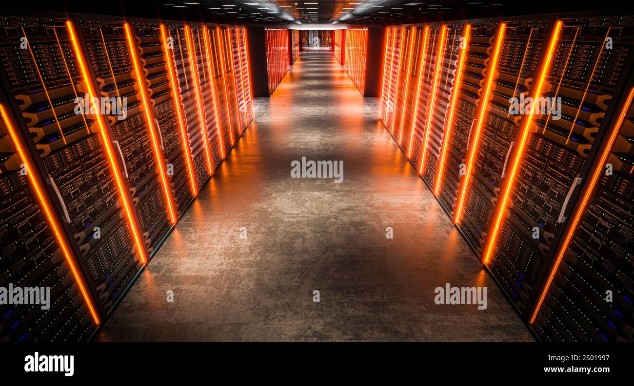 Orange lights server room data center technology equipment 3d Stock ...