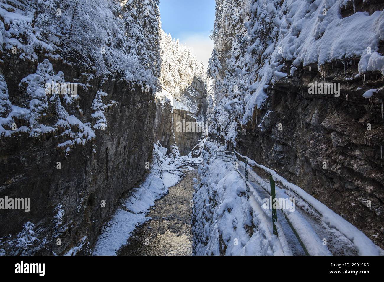 Winter, snowy landscape, river Breitach and hiking trail through the ...