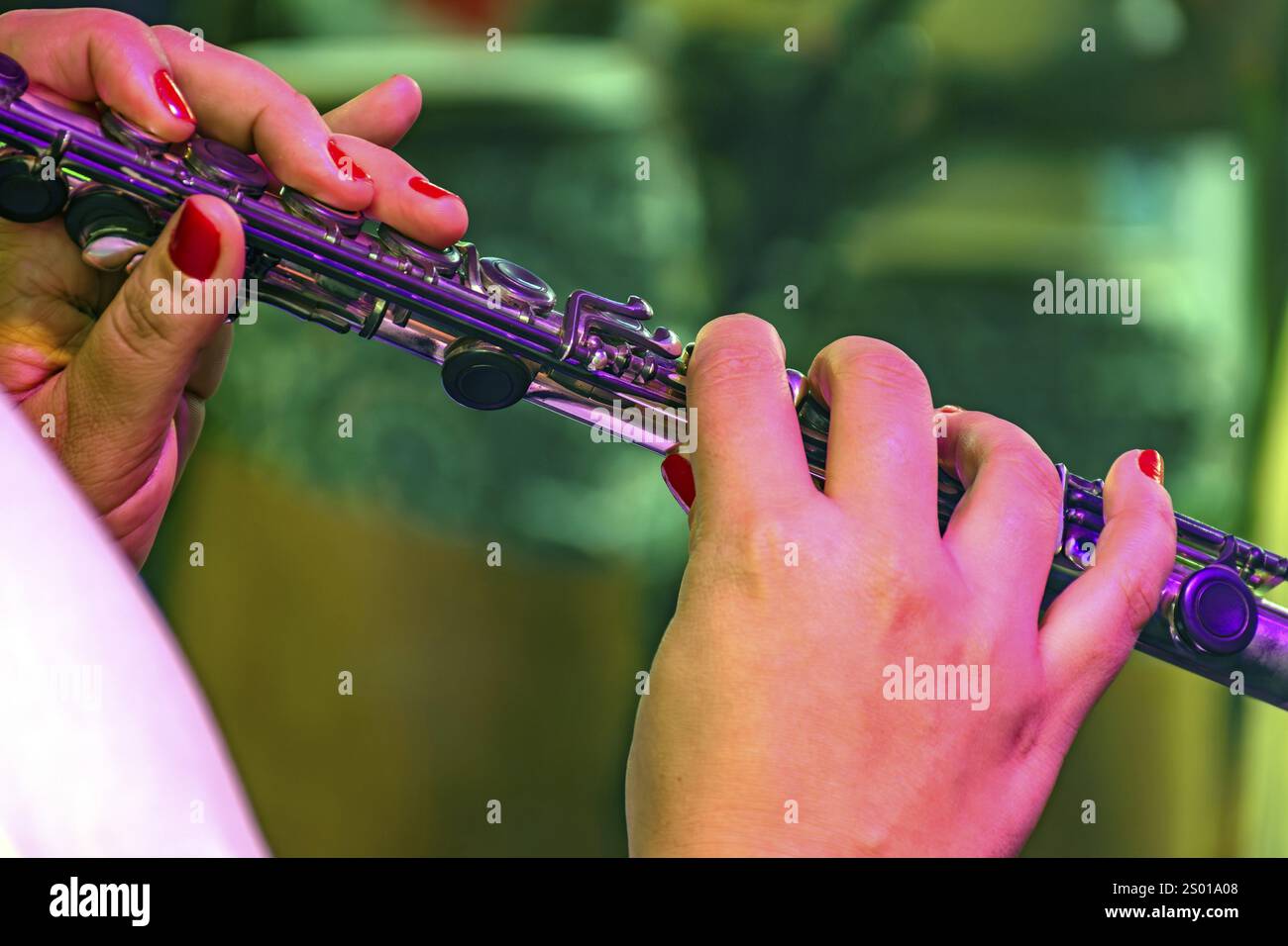 Detail of a woman playing the transverse flute during a musical ...