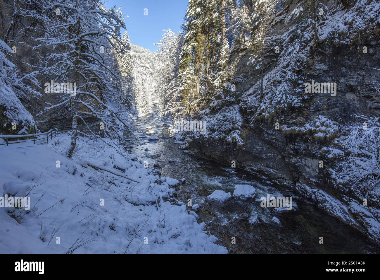 Winter, snowy landscape, river Breitach and hiking trail through the ...