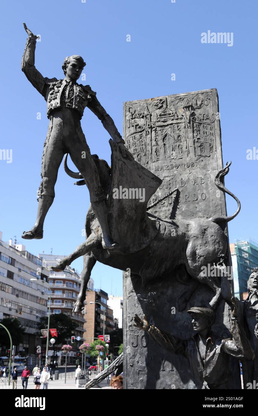 Madrid, Spain, Europe, Large statue of a bullfighter and a bull ...