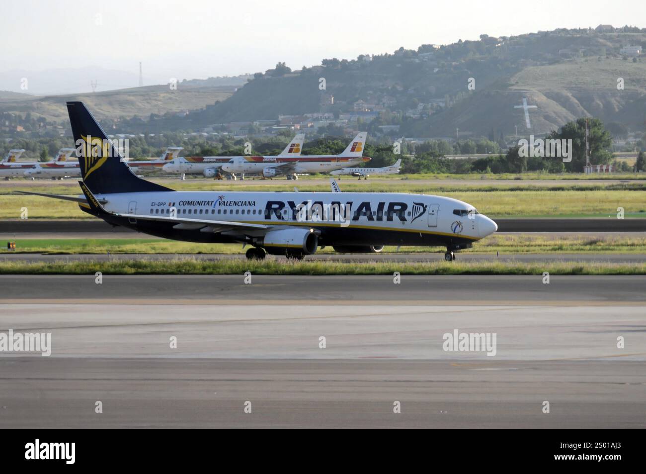 Madrid, Spain, Europe, A Ryanair aircraft is on the runway, ready for ...