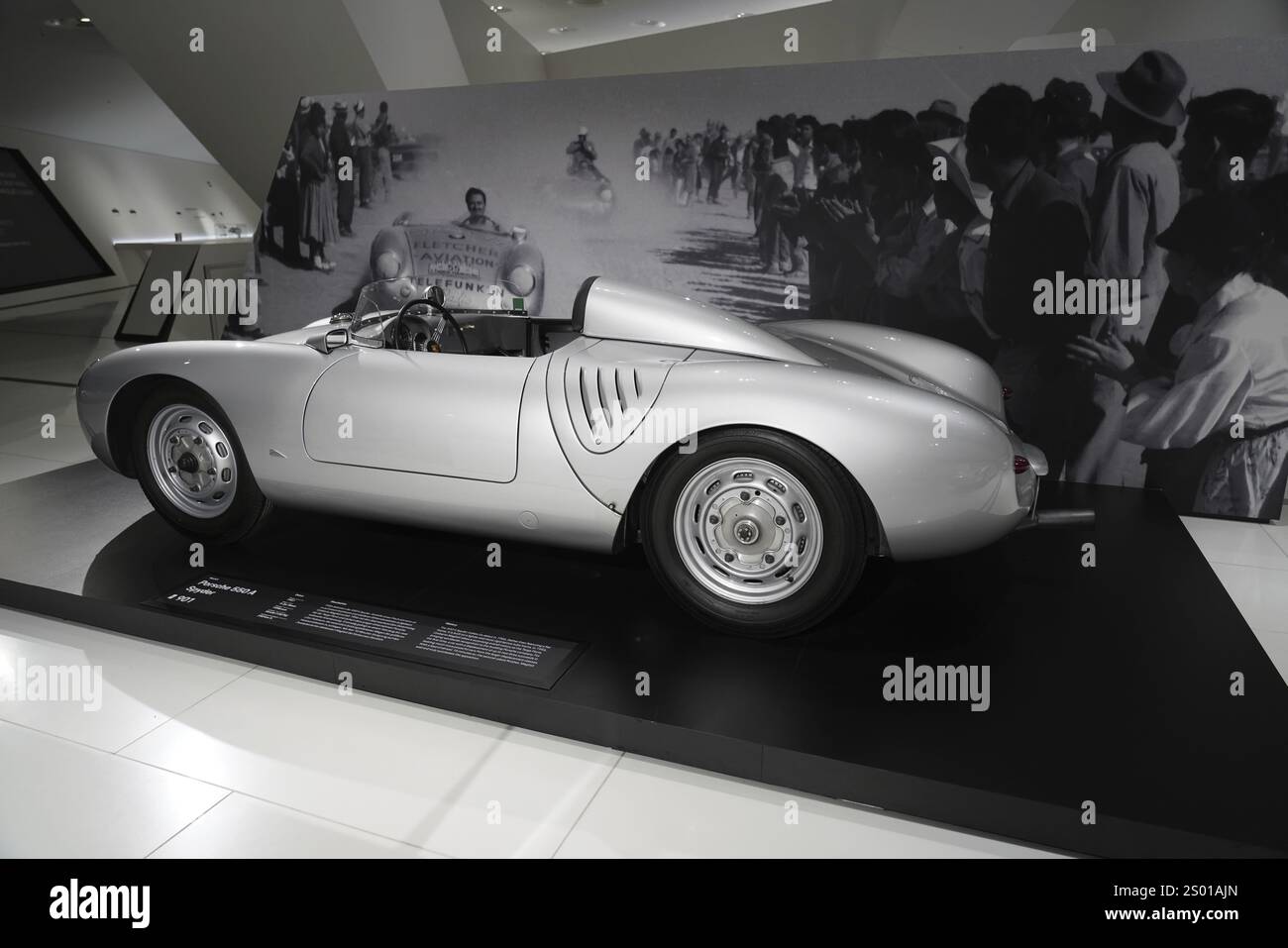 Porsche 550 A Spyder, silver racing car in an exhibition with ...