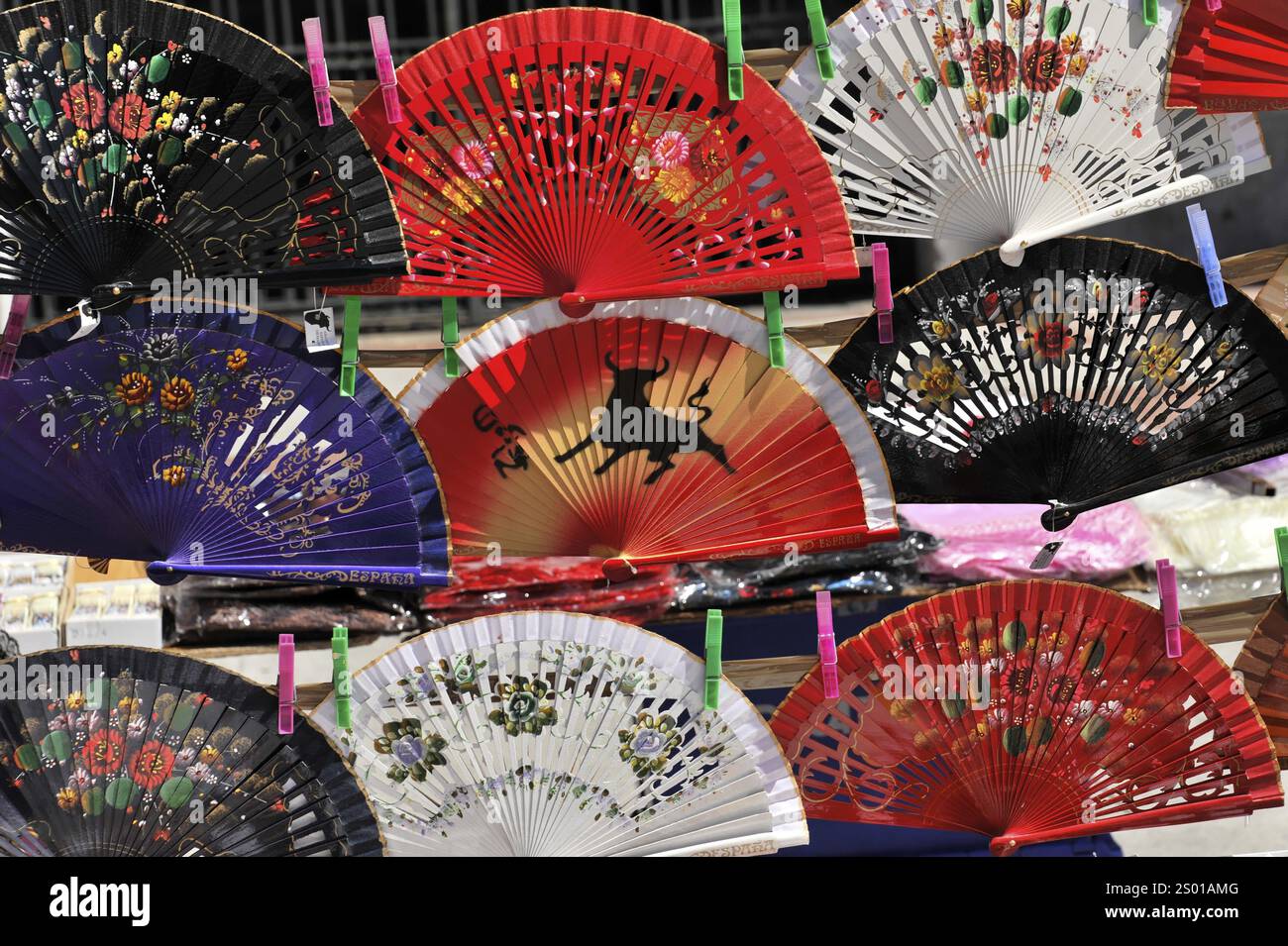 Madrid, Spain, Europe, Colourful decorative fans with different ...