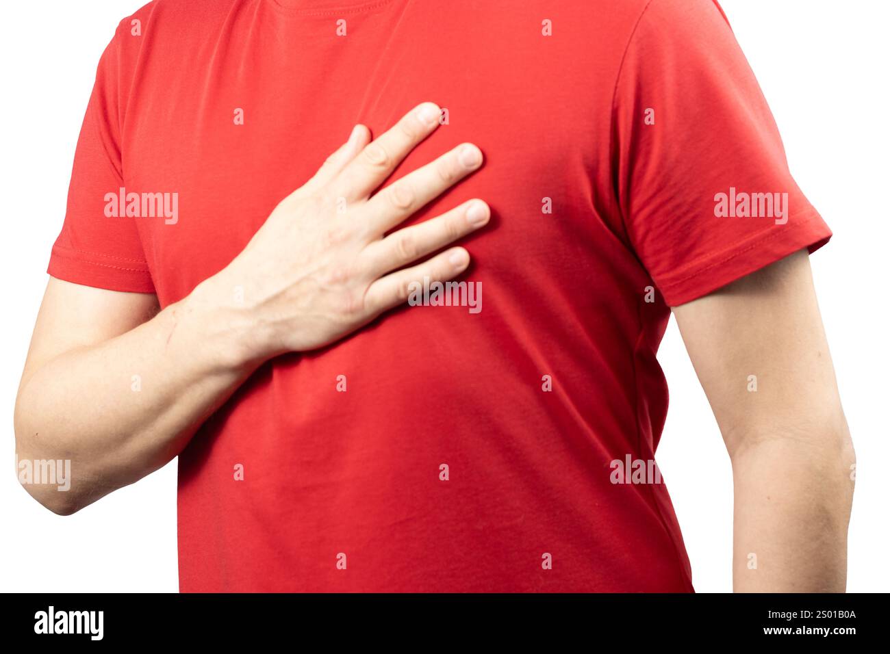 A man wearing a red T-shirt is shown holding his chest with one hand ...