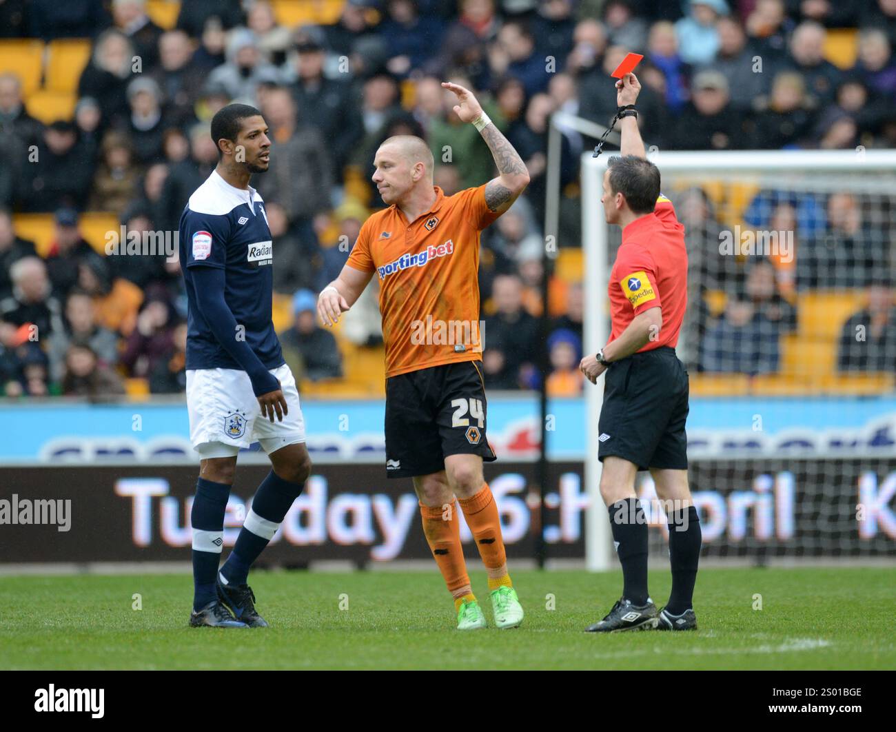 Referee Keith Stroud shows the red card to Jamie O'Hara of Wolverhampton Wanderers. Football ...