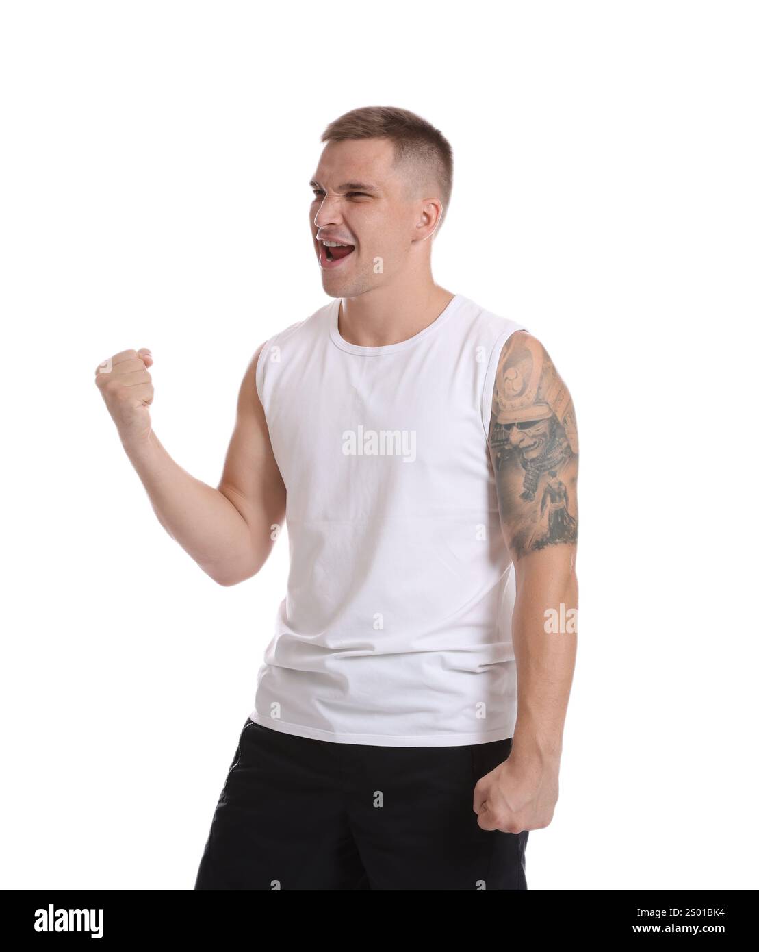 Portrait of happy winner on white background Stock Photo - Alamy