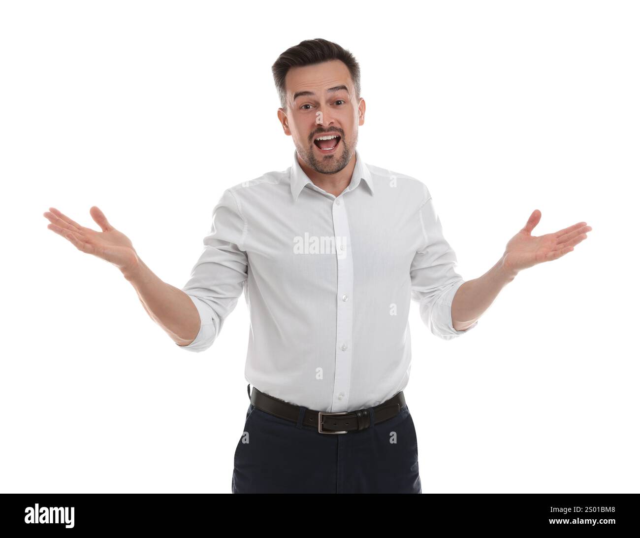 Portrait of happy winner on white background Stock Photo - Alamy