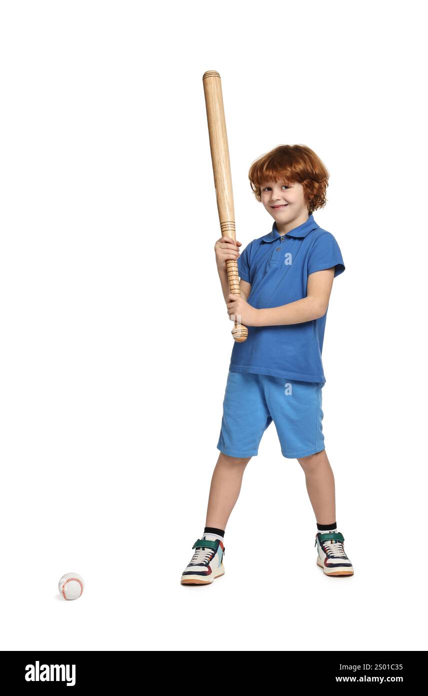 Little boy with baseball bat on white background Stock Photo - Alamy