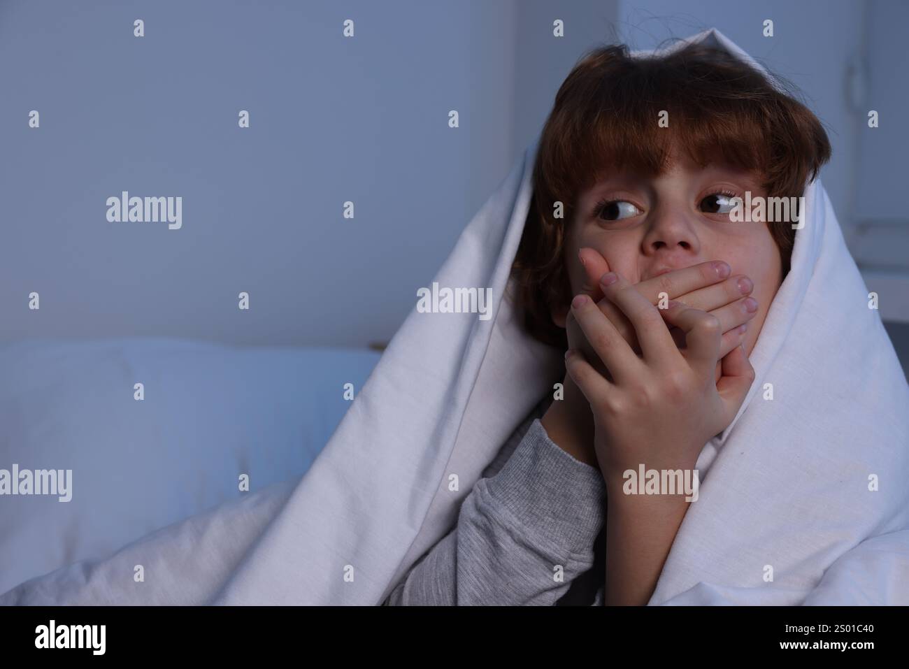 Afraid boy under blanket on bed at night. Space for text Stock Photo ...