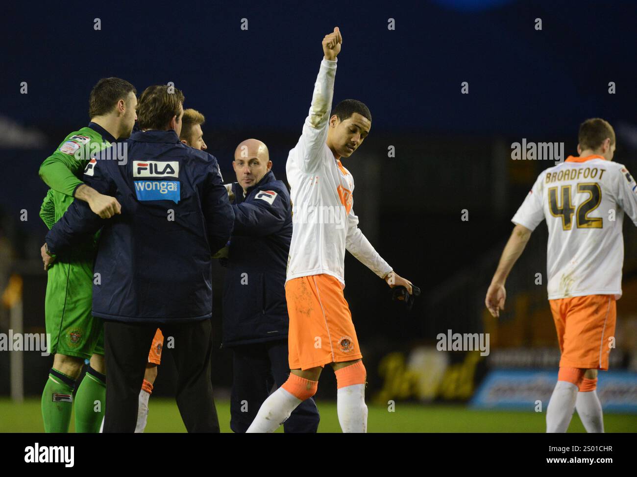Thomas Ince of Blackpool waves to the fans after the final whistle ...