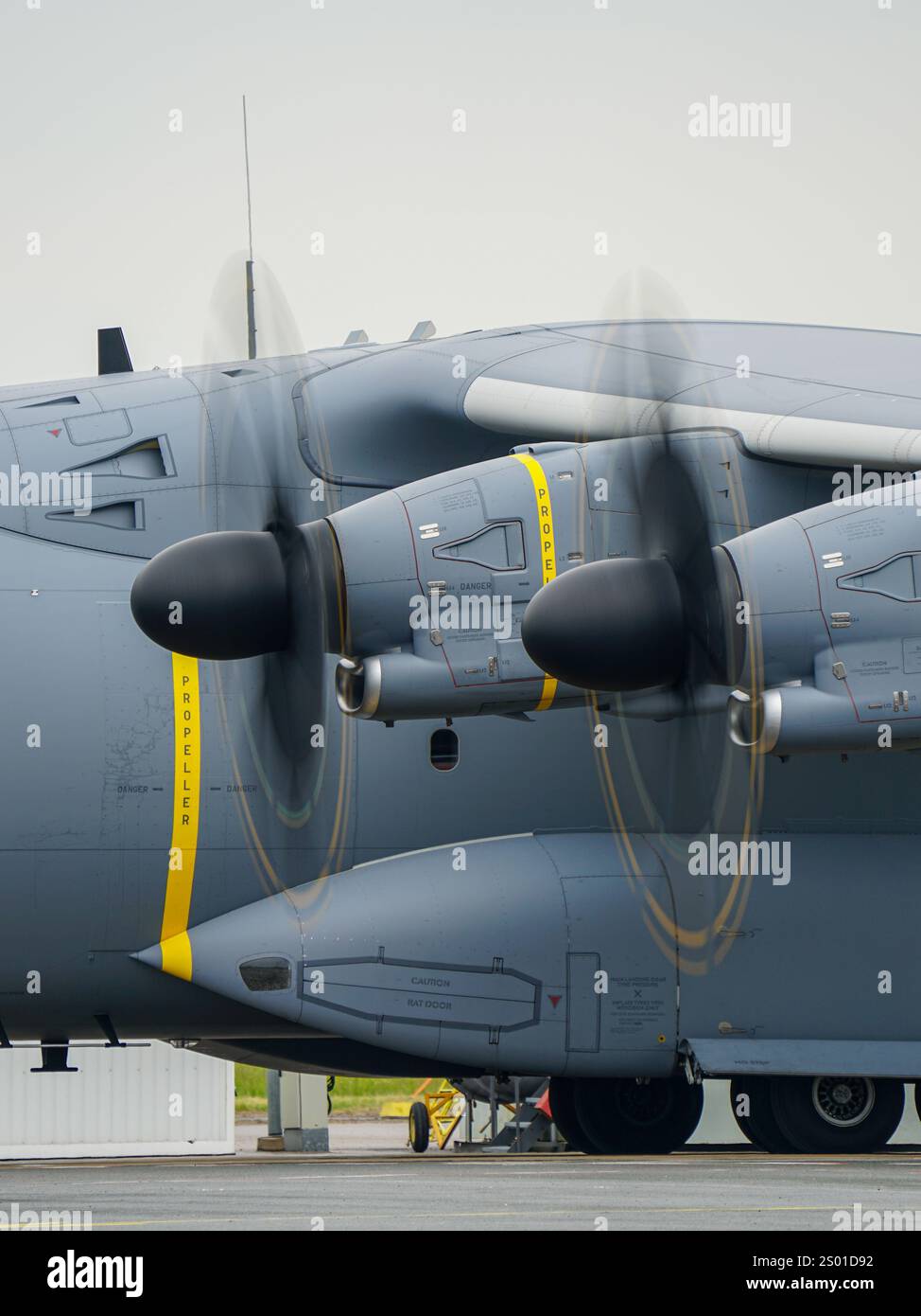 Military turboprop aircraft engine propellers blades in motion, engine ...