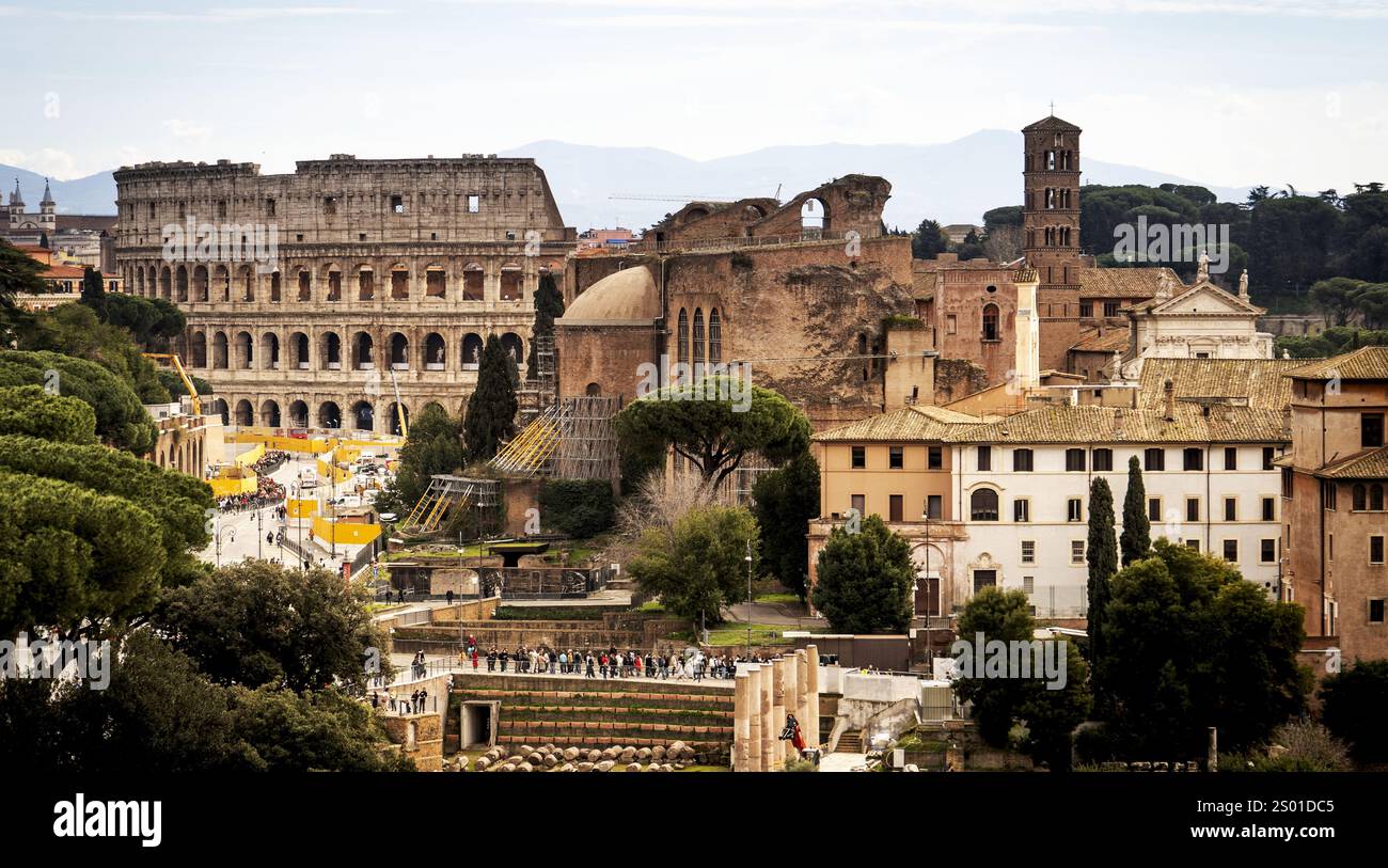 A panoramic view of ancient Roman architecture, featuring the Colosseum ...