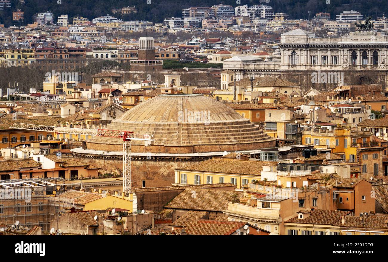 Aerial view of Rome showcasing the iconic Pantheon with its large dome ...