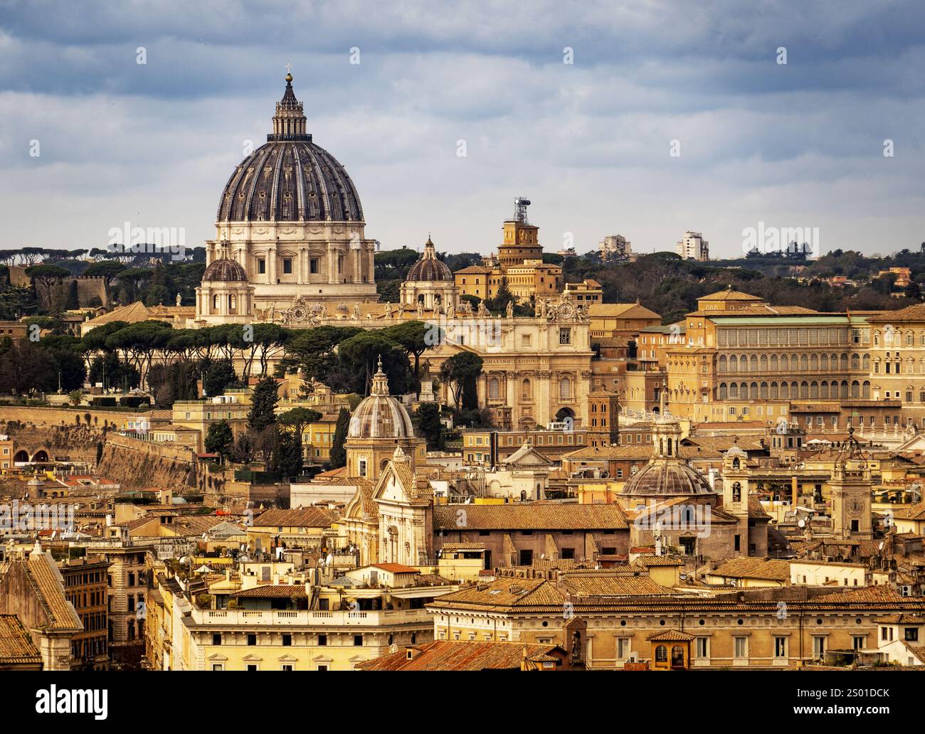 A panoramic view of Rome featuring St. Peter's Basilica with its iconic ...