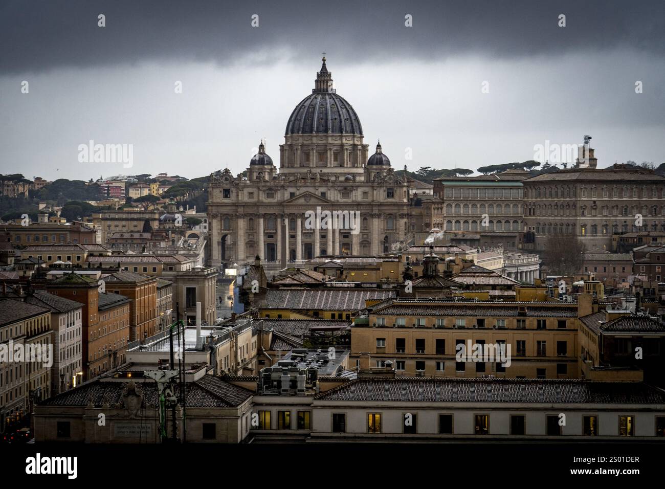 A panoramic view of St. Peter's Basilica in Vatican City, surrounded by ...