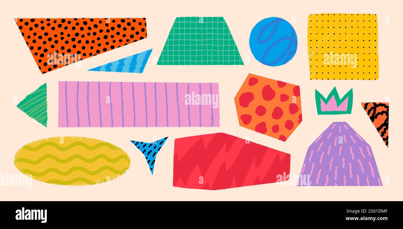 Simple shapes with various patterns in rough rustic style. Hand drawn ...