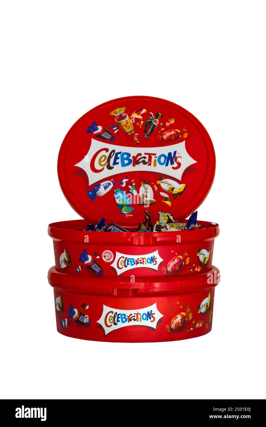 Tubs of Celebrations chocolates sweets showing smaller size tub on top ...