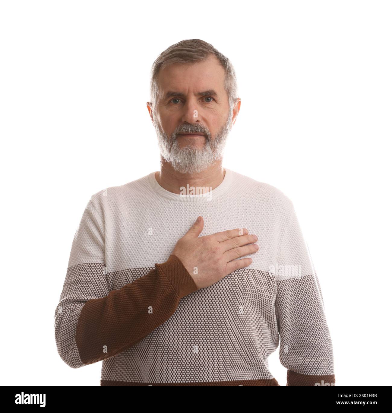 Mature man making promise on white background. Oath gesture Stock Photo ...