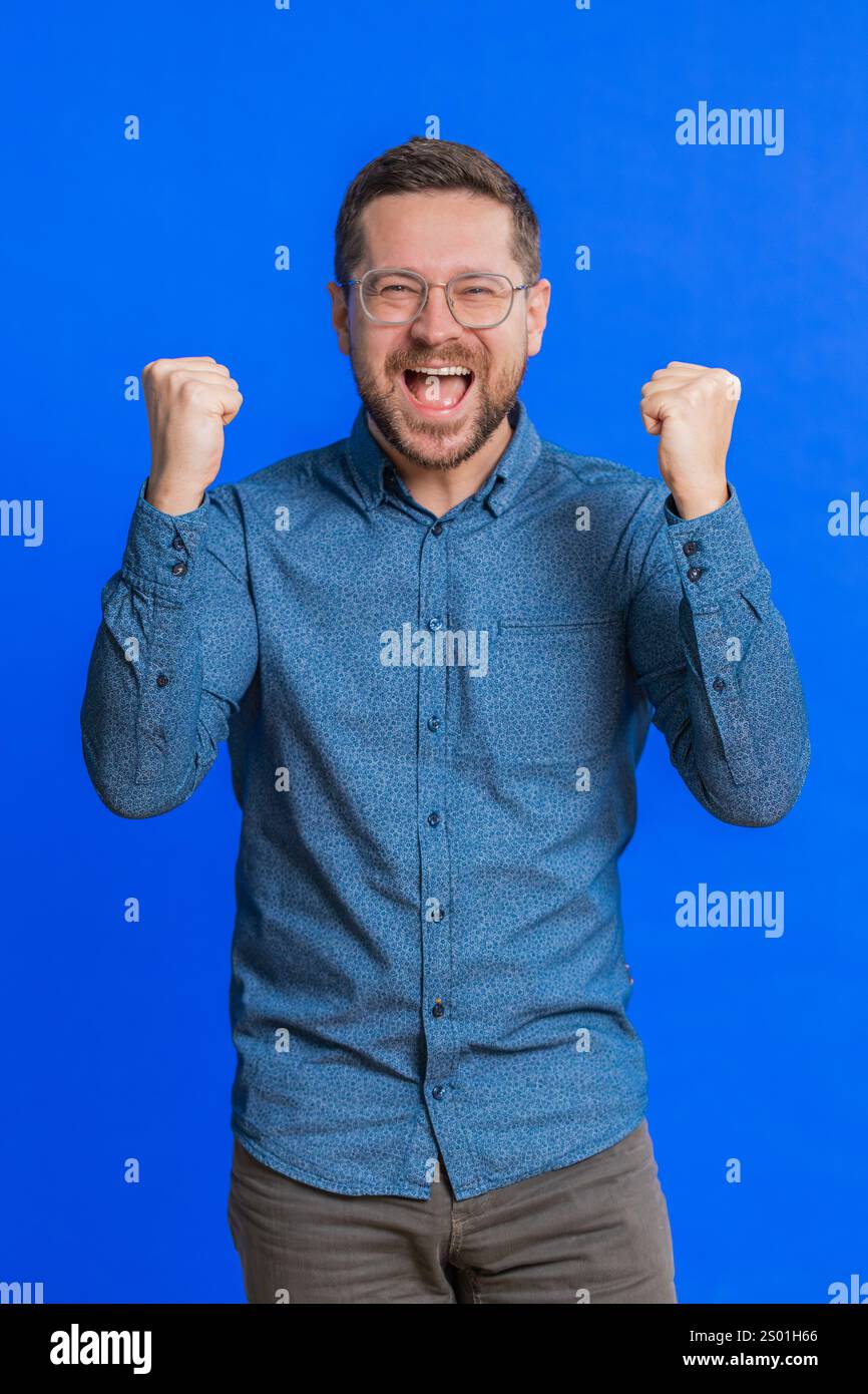 Happy joyful man celebrating success victory, winning birthday, lottery ...