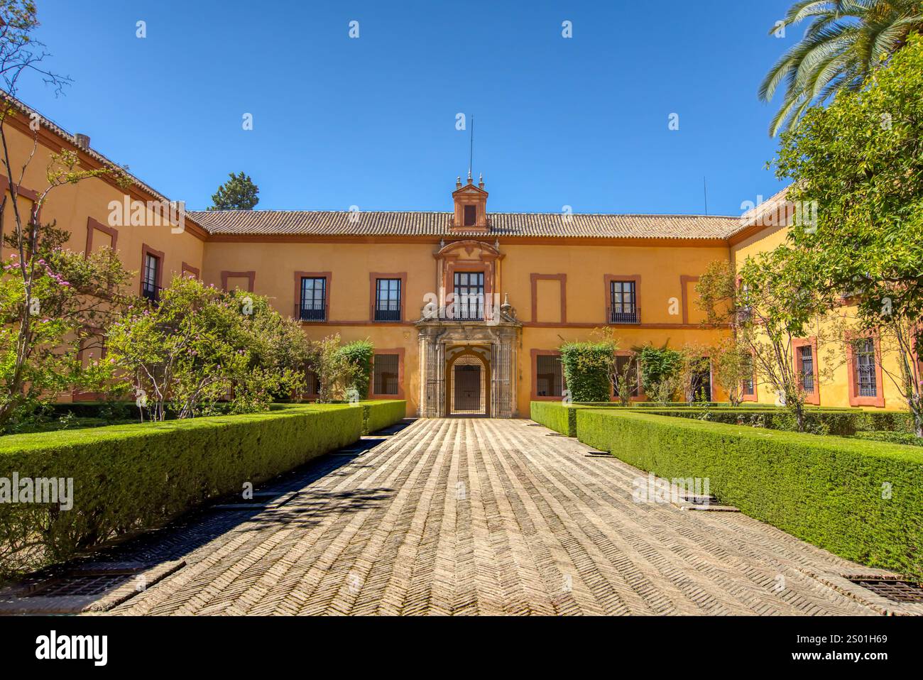 Seville, Spain - September 1, 2023: Beautiful courtyard of the Royal ...