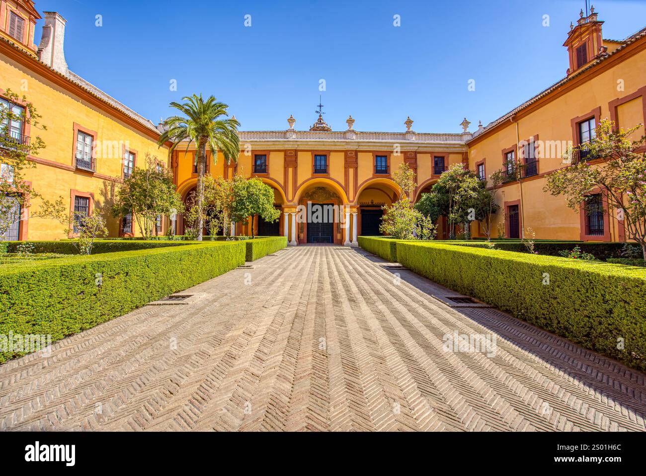 Seville, Spain - September 1, 2023: Beautiful courtyard of the Royal ...