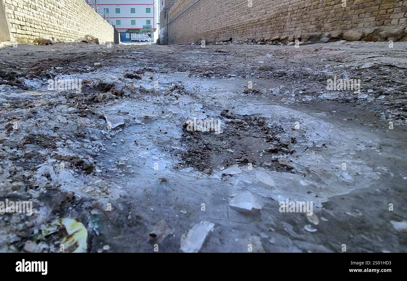 View of stagnant water converts into ice due to extreme cold weather of ...