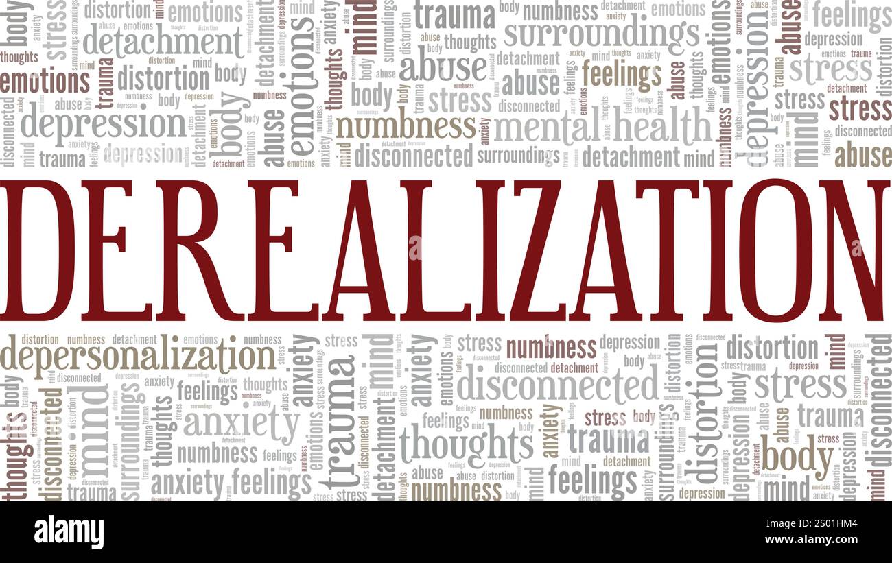 Derealization word cloud conceptual design isolated on white background ...