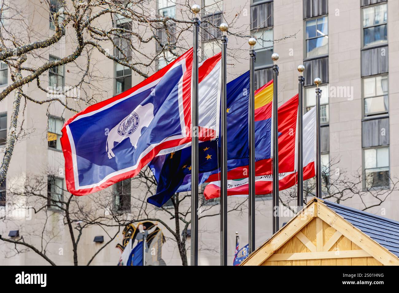 New York, Manhattan, USA - February 15, 2023: Set of flags in downtown ...