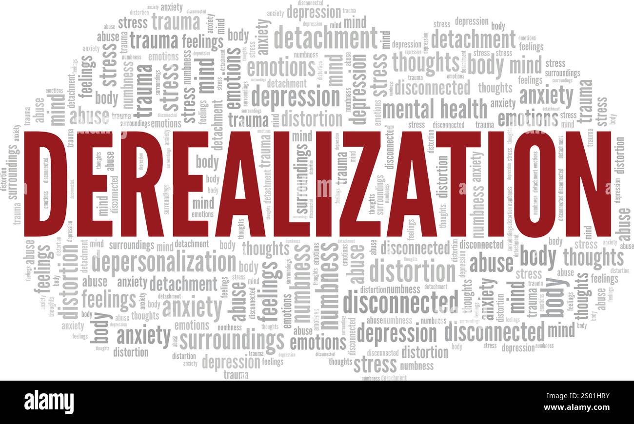 Derealization word cloud conceptual design isolated on white background ...
