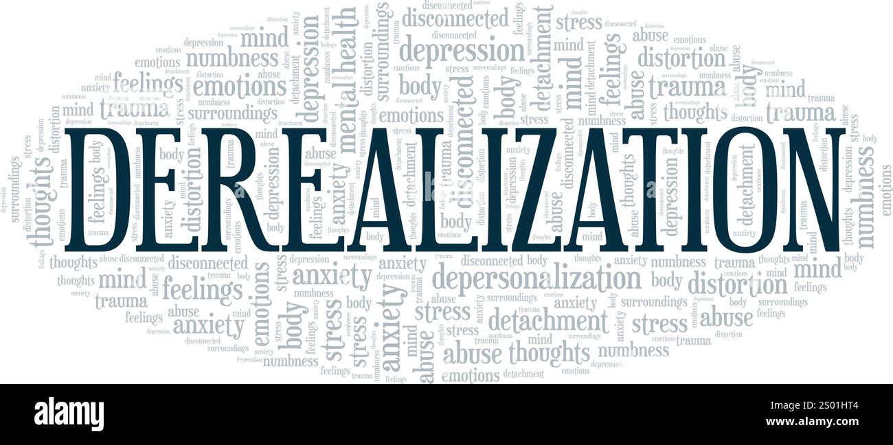 Derealization word cloud conceptual design isolated on white background ...