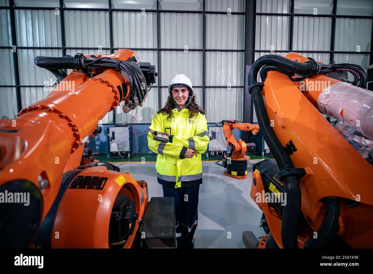 A professional in a safety jacket and helmet poses proudly between two ...