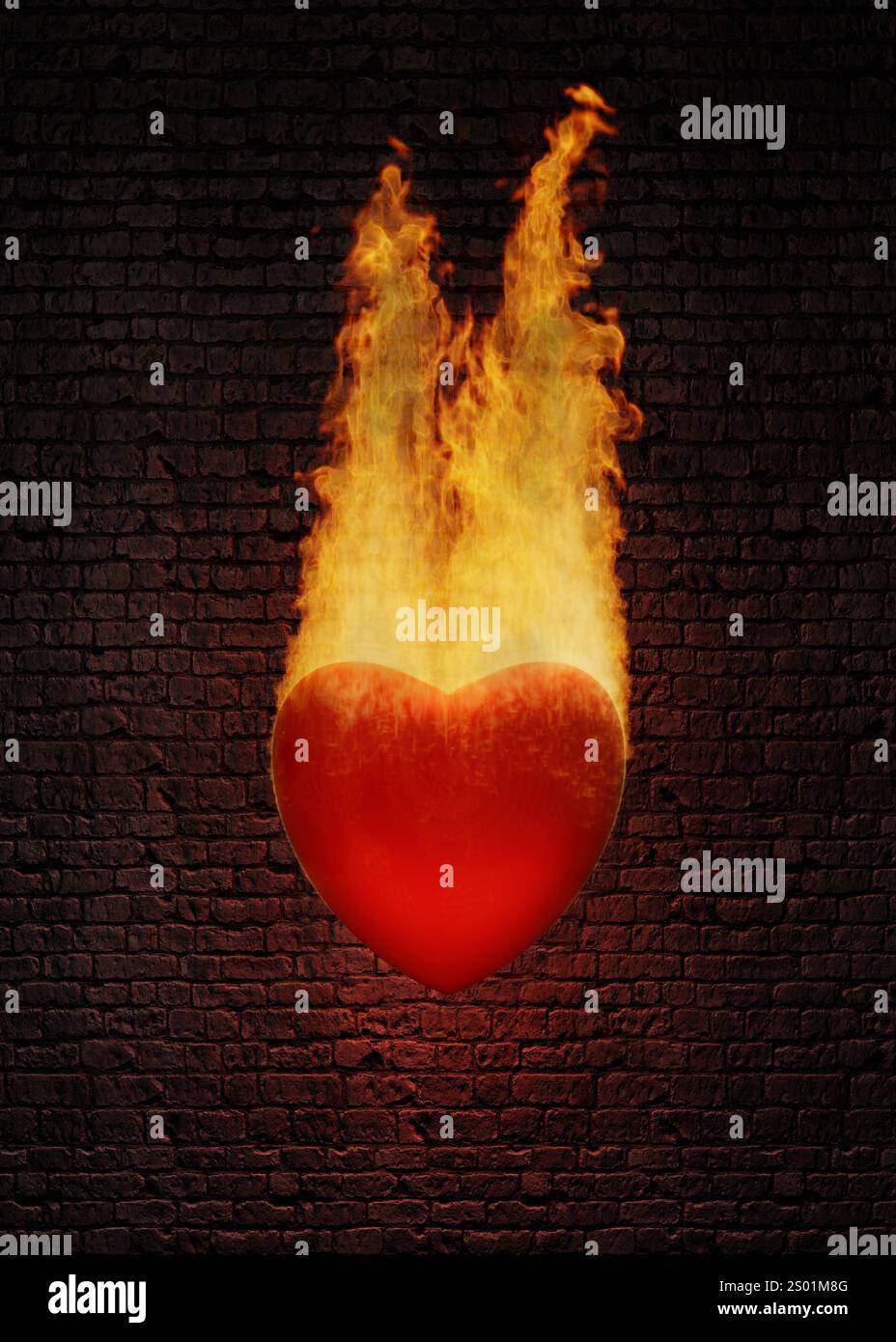 Burning heart, flames and fire. Burning heart. Brick wall, night, heart ...