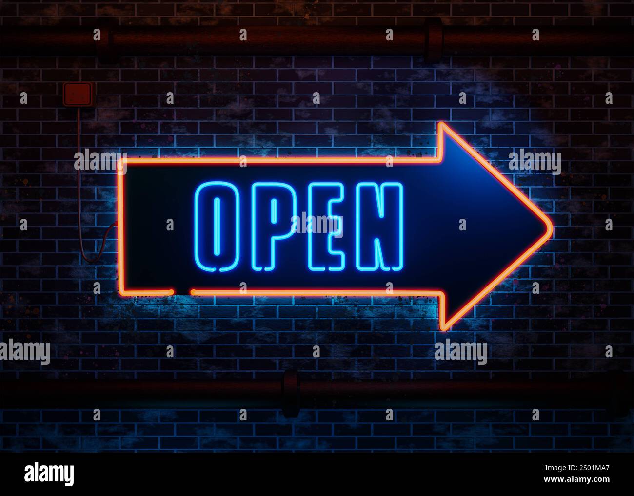 Open sign, orange arrow, illuminated neon sign against a old worn brick ...