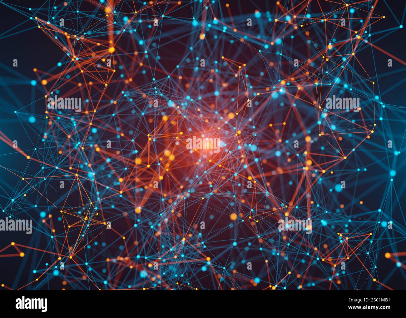 Plexus or polygon network, science and technology. Polygon network in orange and blue. Abstract ...
