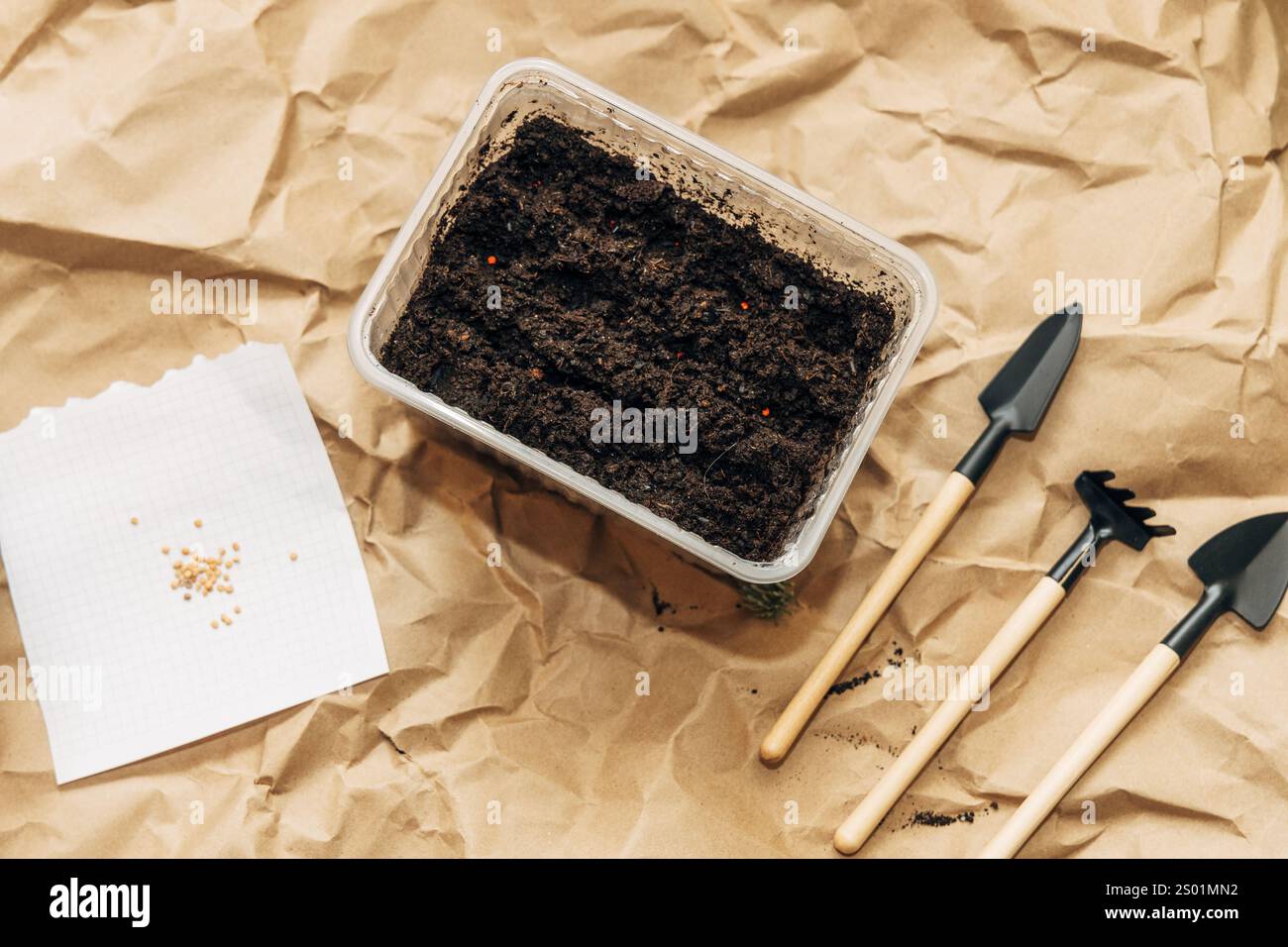 Kraft paper background, fertile soil and garden tools on top, top view ...