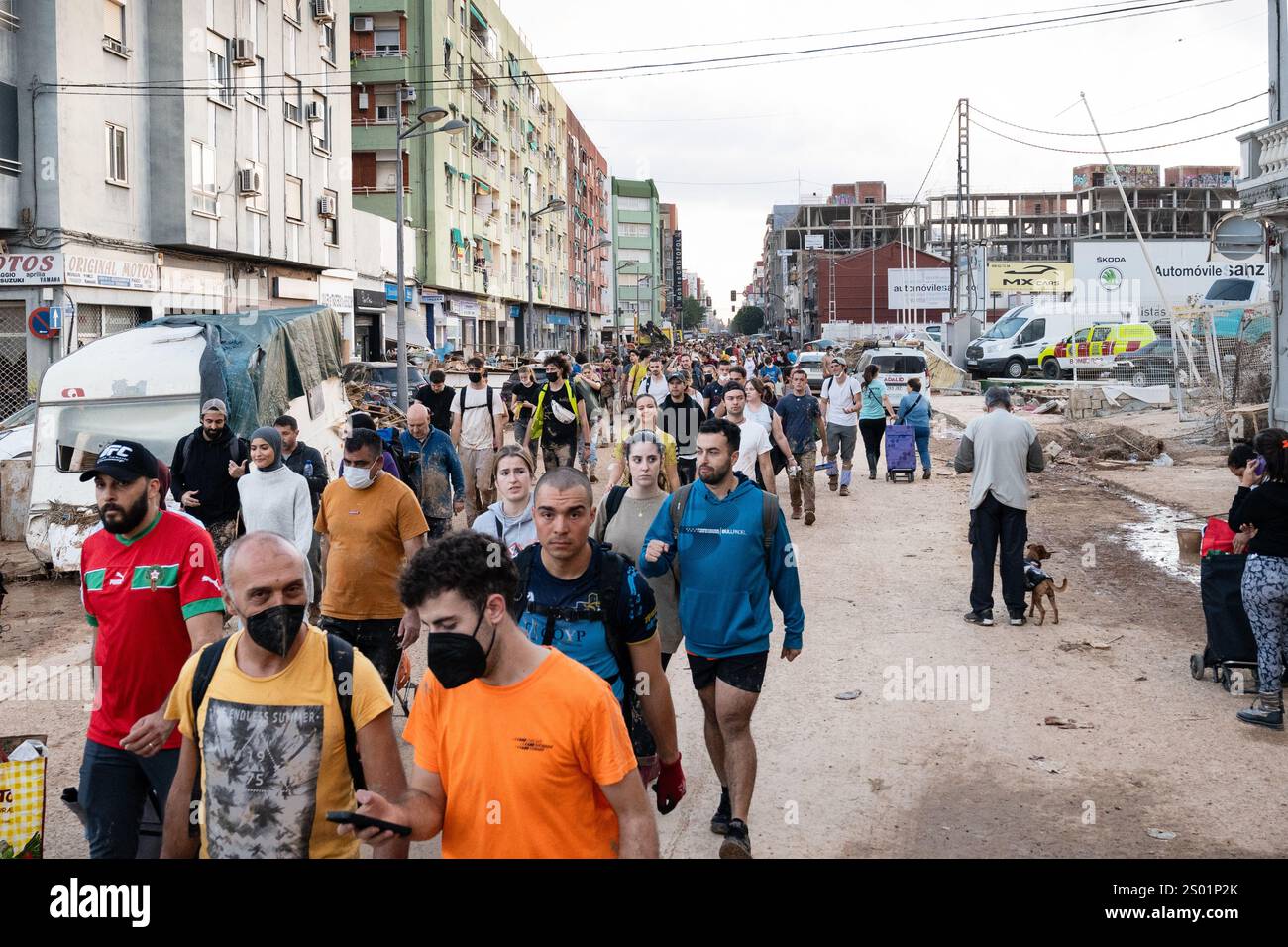 DANA flooding effects. Flood impacts, Valencia, Spain. Volunteers and ...