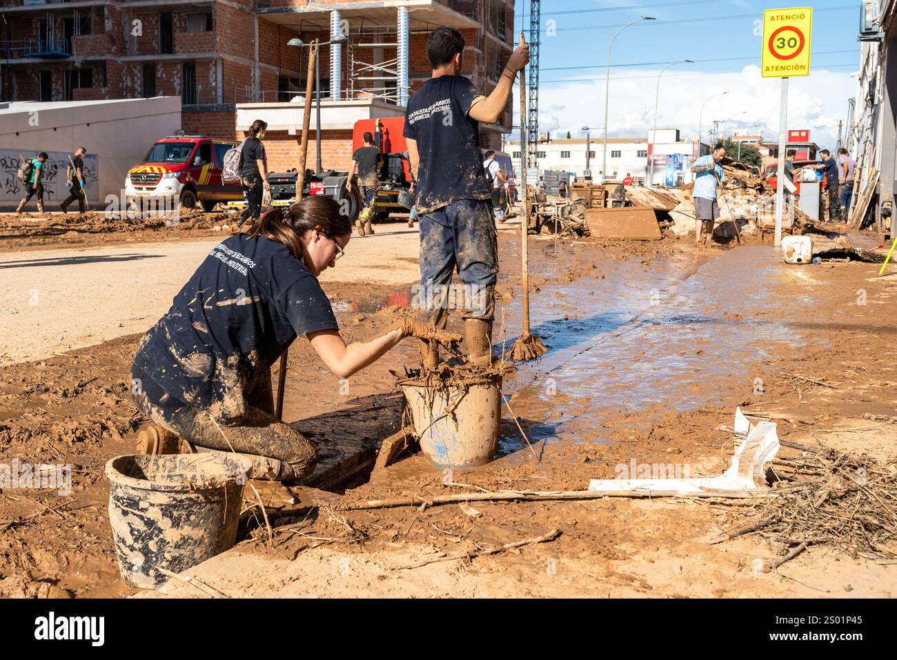 DANA flooding effects. Flood impacts, Valencia, Spain. Volunteers ...