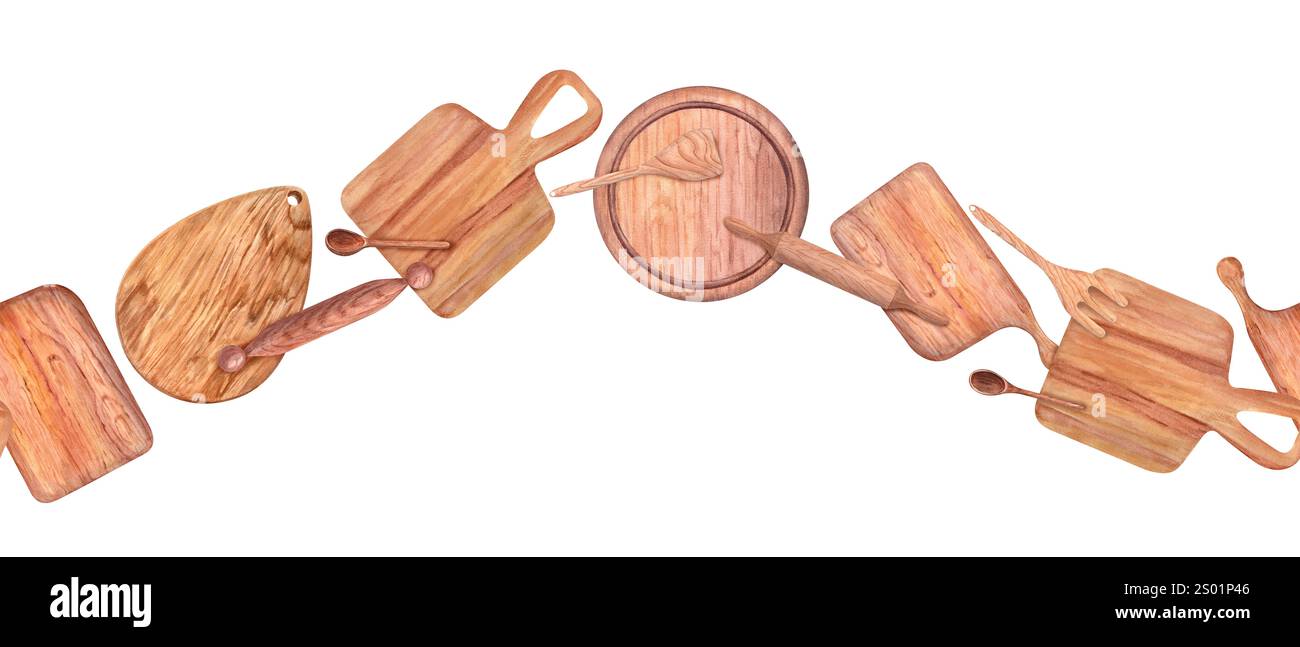 Watercolor wooden cutting boards, spoons, rolling pin and spatula ...