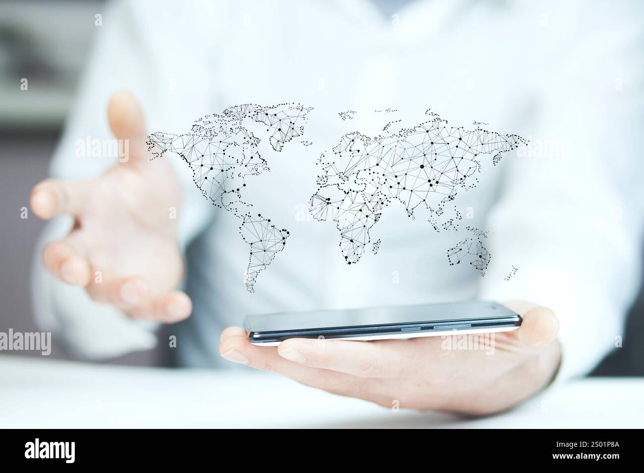 man hand phone with world map on white background Stock Photo - Alamy
