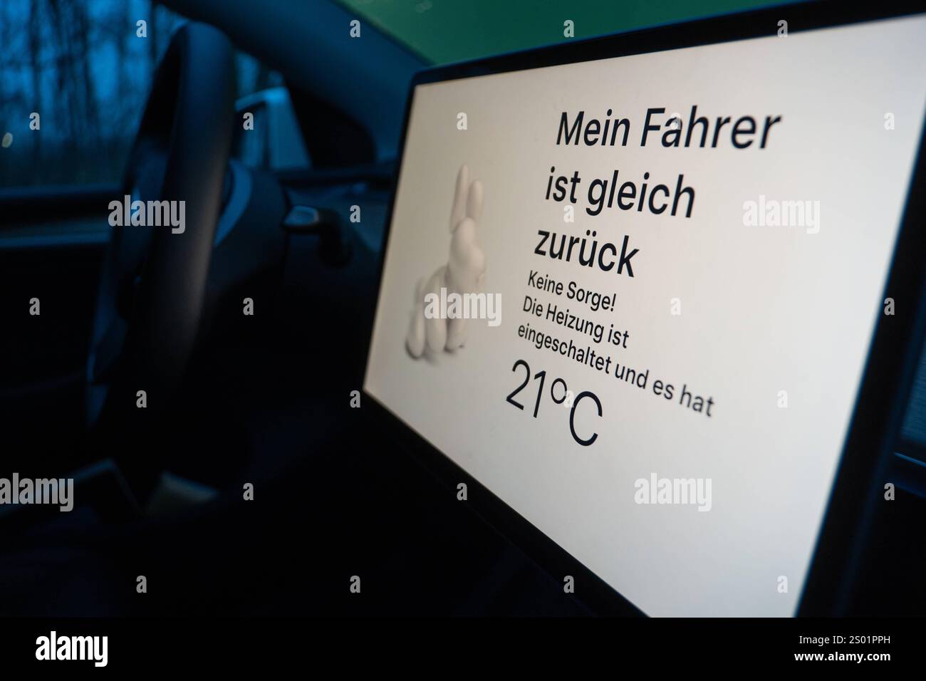 Bavaria, Germany - December 23, 2024: Tesla in dog mode: screen shows ...
